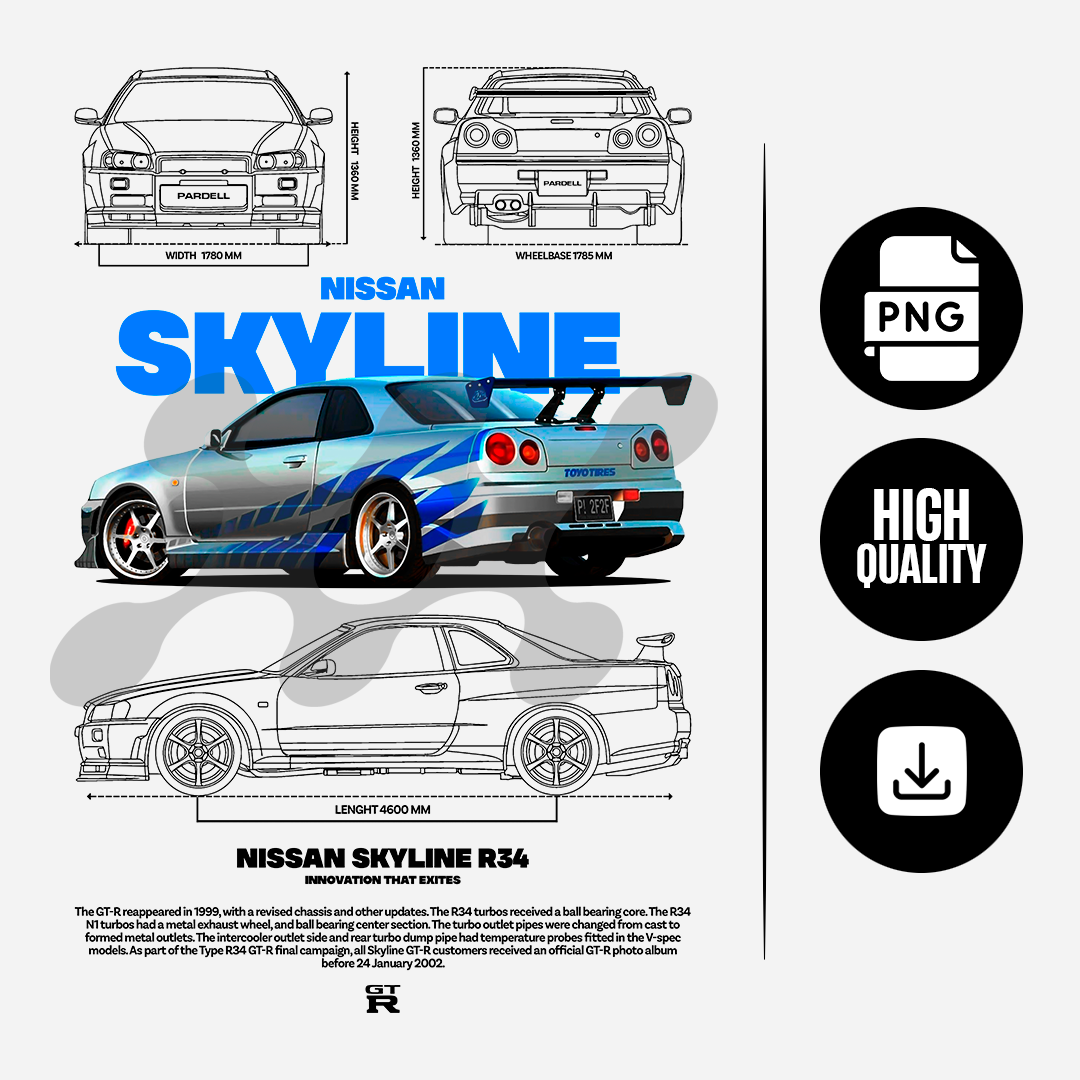 Plantilla Nissan Skyline R34 t-shirt design – Pardell